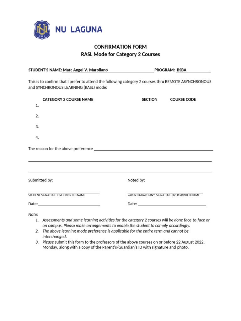 RASL Course Confirmation Form | PDF | Career & Growth