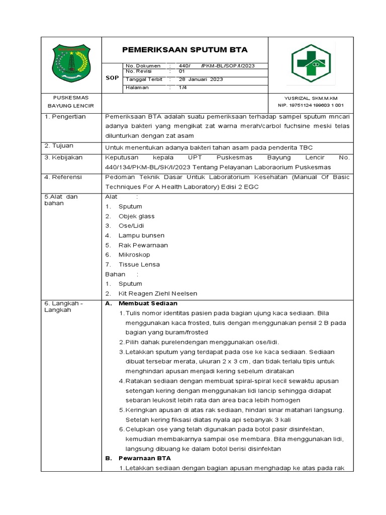 Sop Pemeriksaan Sputum Bta | PDF