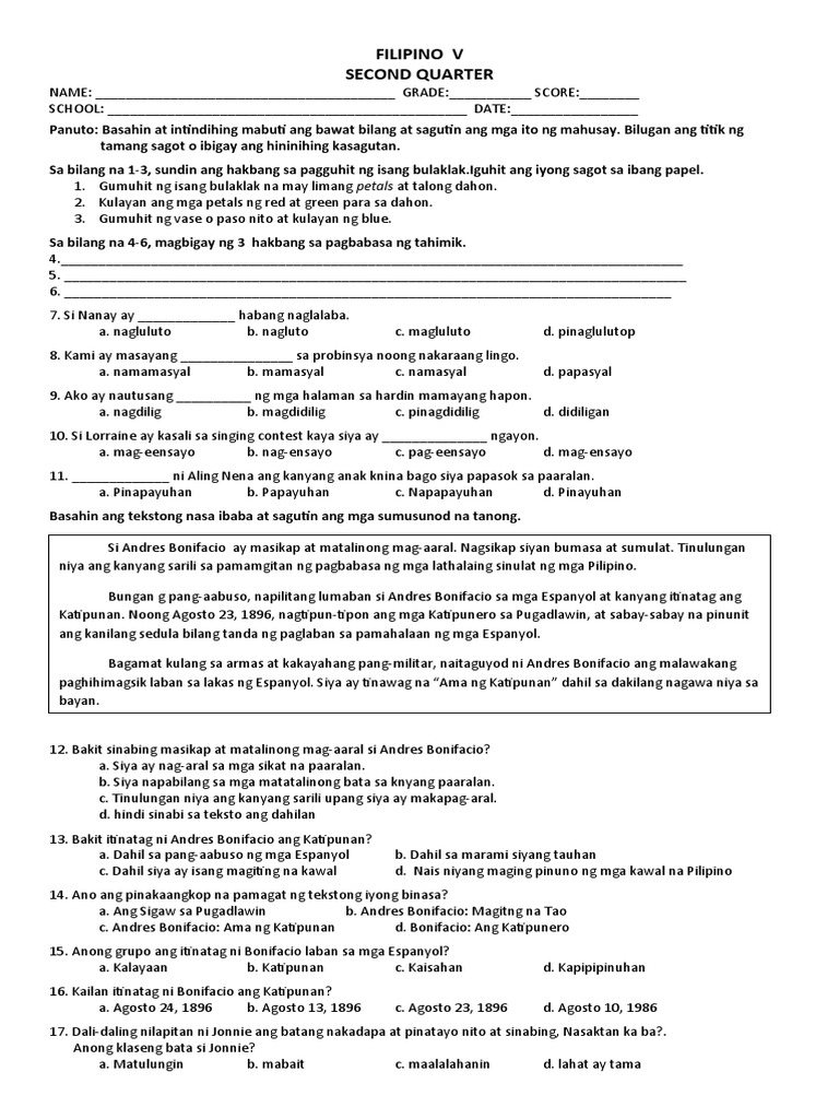Grade 5 K-12 2nd Quarter Periodical Test With Answer Keys & TOS ...