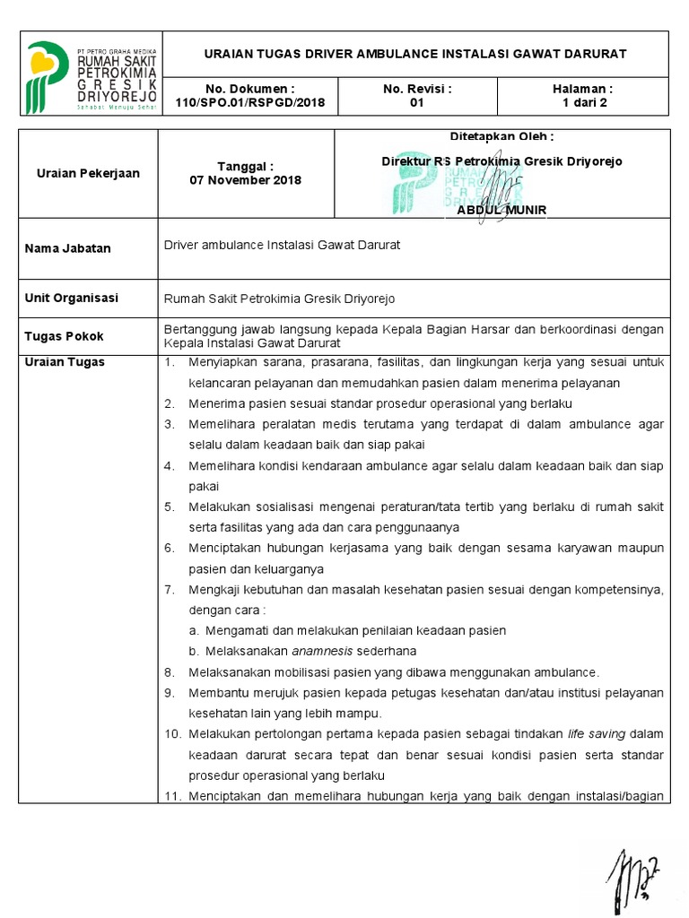 Uraian Tugas Driver Ambulance Igd - 3 | PDF