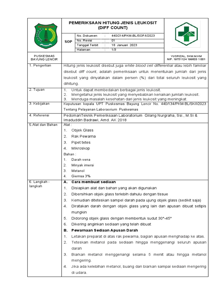 SOP Pemeriksaan Hitung Jenis Leukosit | PDF