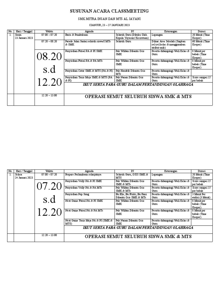 Rundown Class Meeting 2023 | PDF