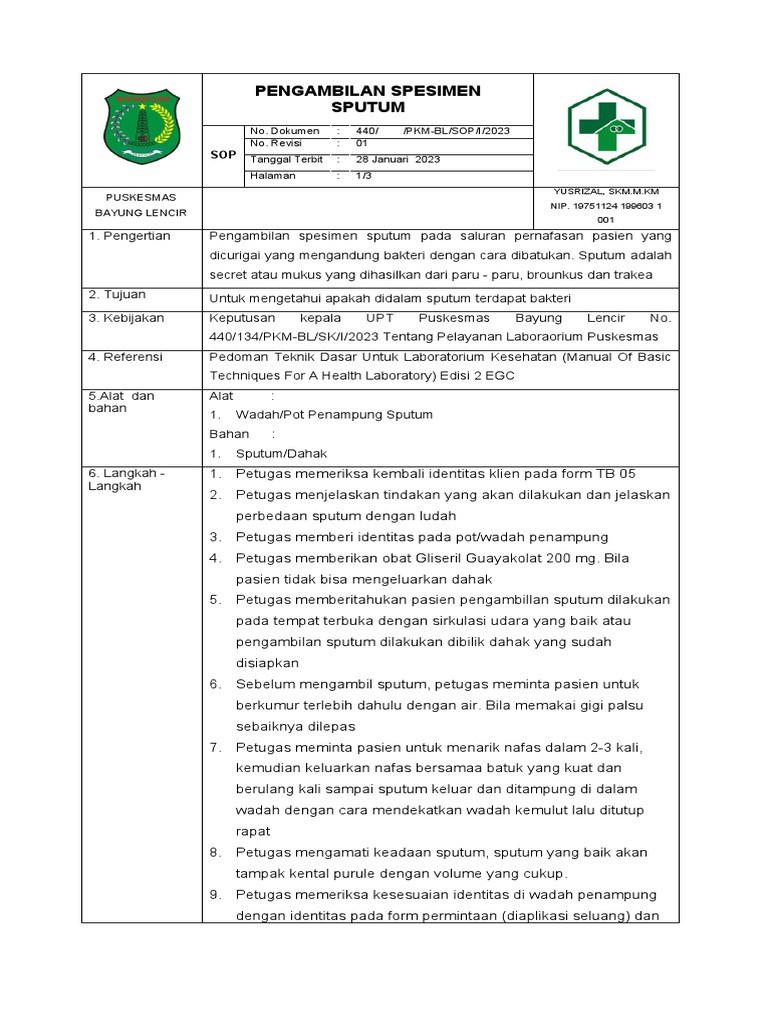 SOP Pengambilan Spesimen Sputum | PDF