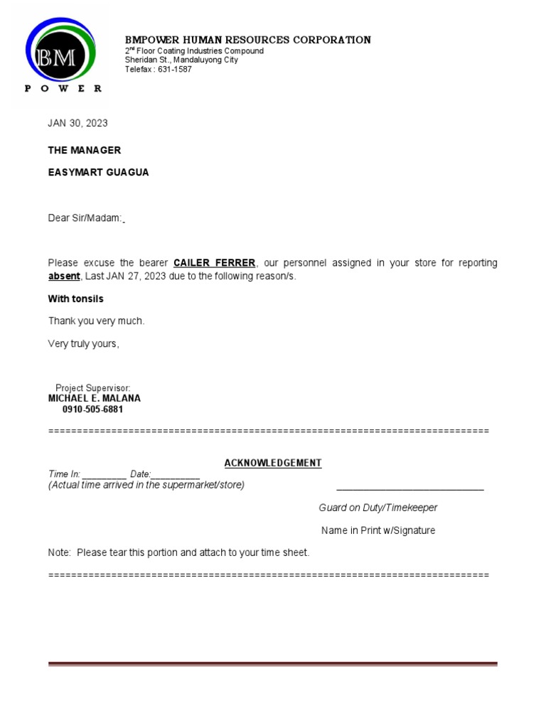 Excuse Letter Re Guagua | PDF | Finance & Money Management