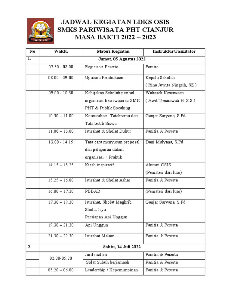 Jadwal Kegiatan LDKS | PDF