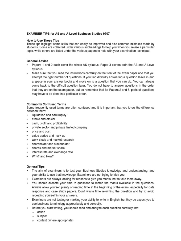 A Level Business Studies Exam Tips | PDF | Question | Test (Assessment)