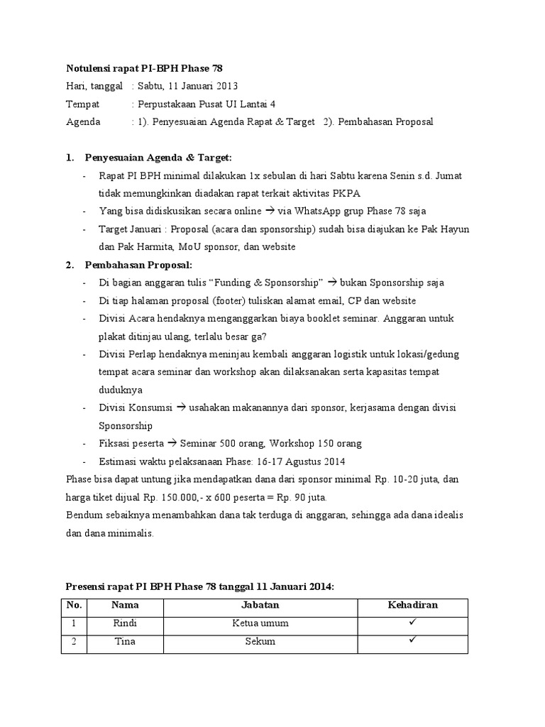 Notulensi Rapat 6 PI BPH Phase 78 - 110114 | PDF | Karier & Perkembangan