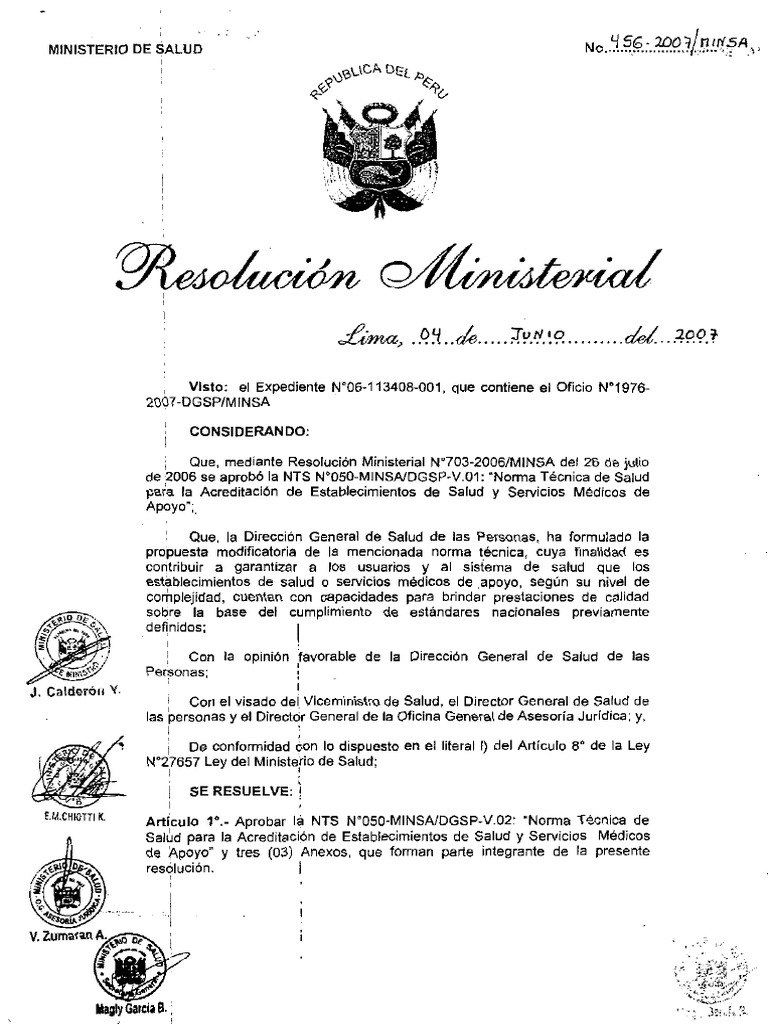 RM N°456-2007-MINSA NTS N°050-MINSA-DGSP-V.02 Acreditacion de Establecimientos de Salud | PDF