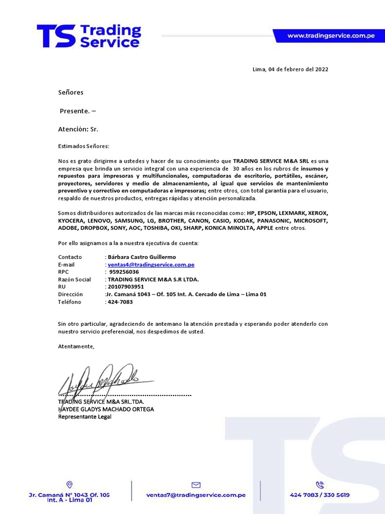 Trading Service-2 Carta Presentacion Anglo Peruana Terra S.A | PDF ...