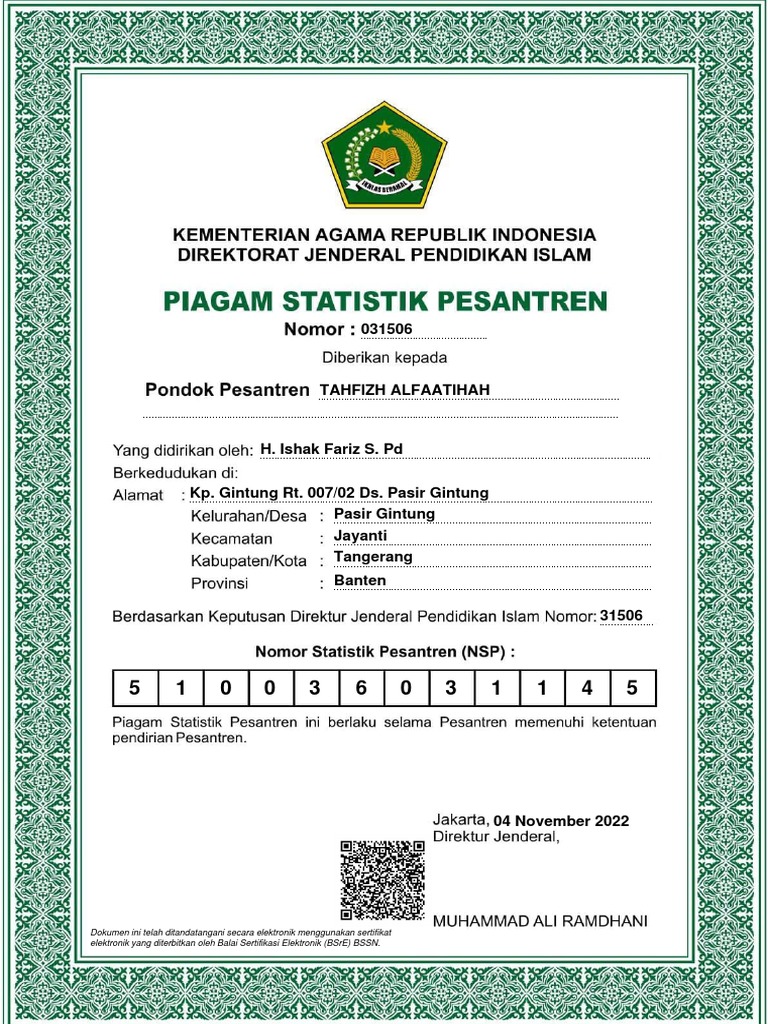 Piagam Statistik Pesantren | PDF