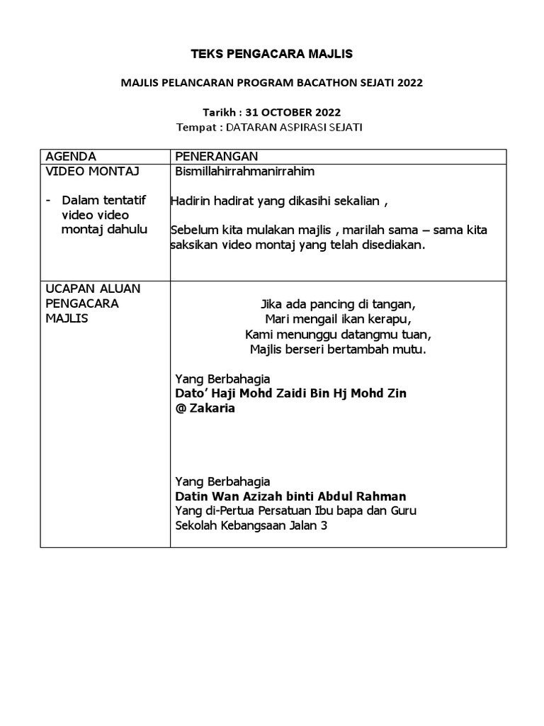 Teks Emcee Program Bacathon 2022 | PDF