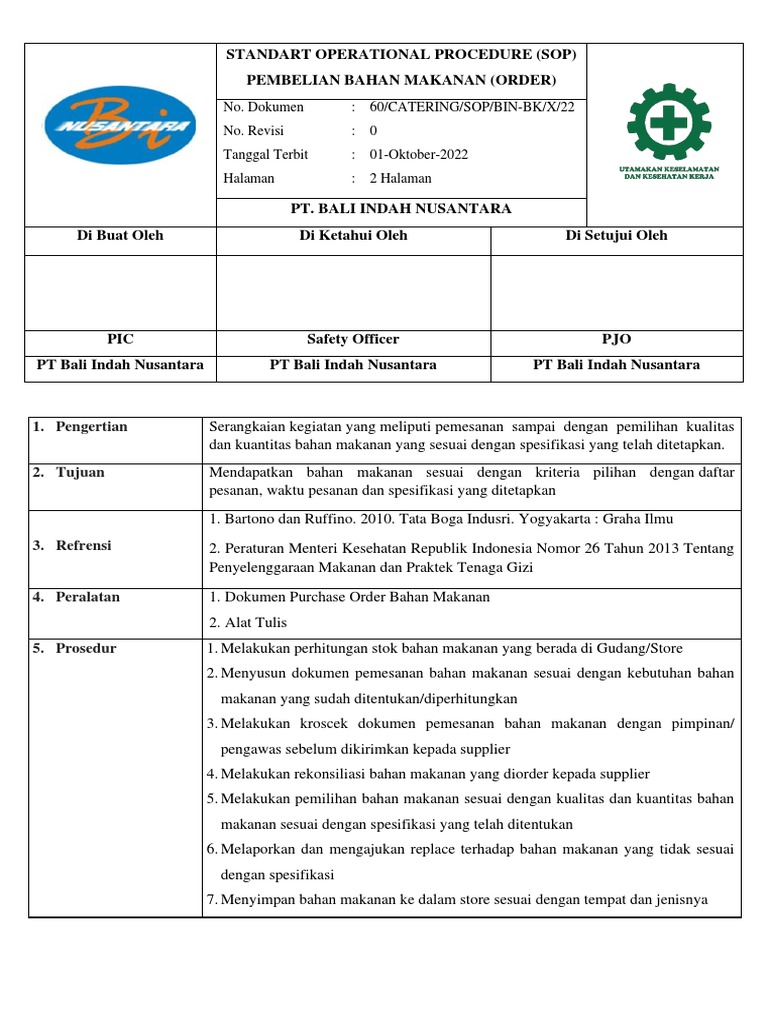 SOP - Pembelian Bahan Makanan | PDF