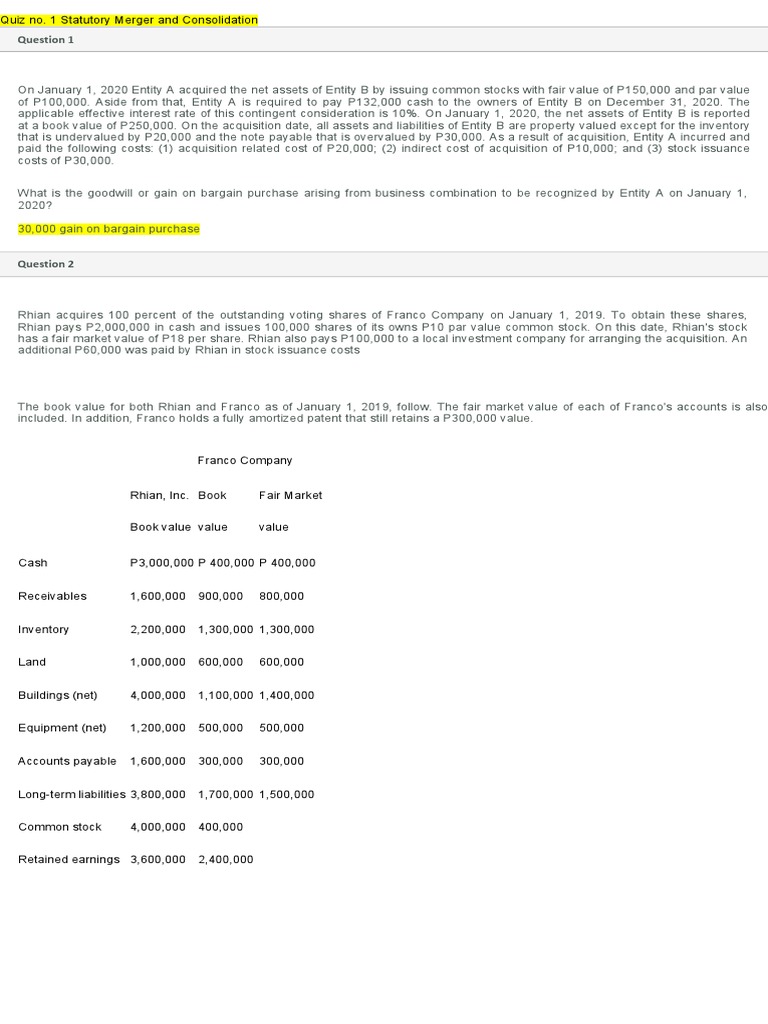 Quiz no. 1 Statutory Merger and Consolidation Questions | PDF | Goodwill (Accounting) | Book Value