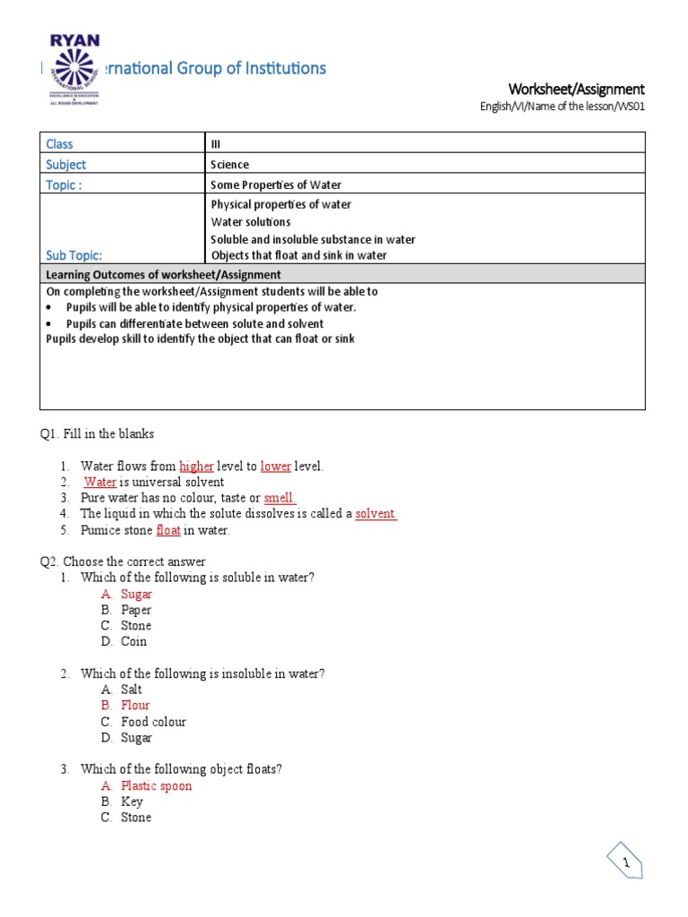 Grade3 Worksheet (Answer) SOME PROPERTIES of WATER - PDF - Ic43211 | PDF
