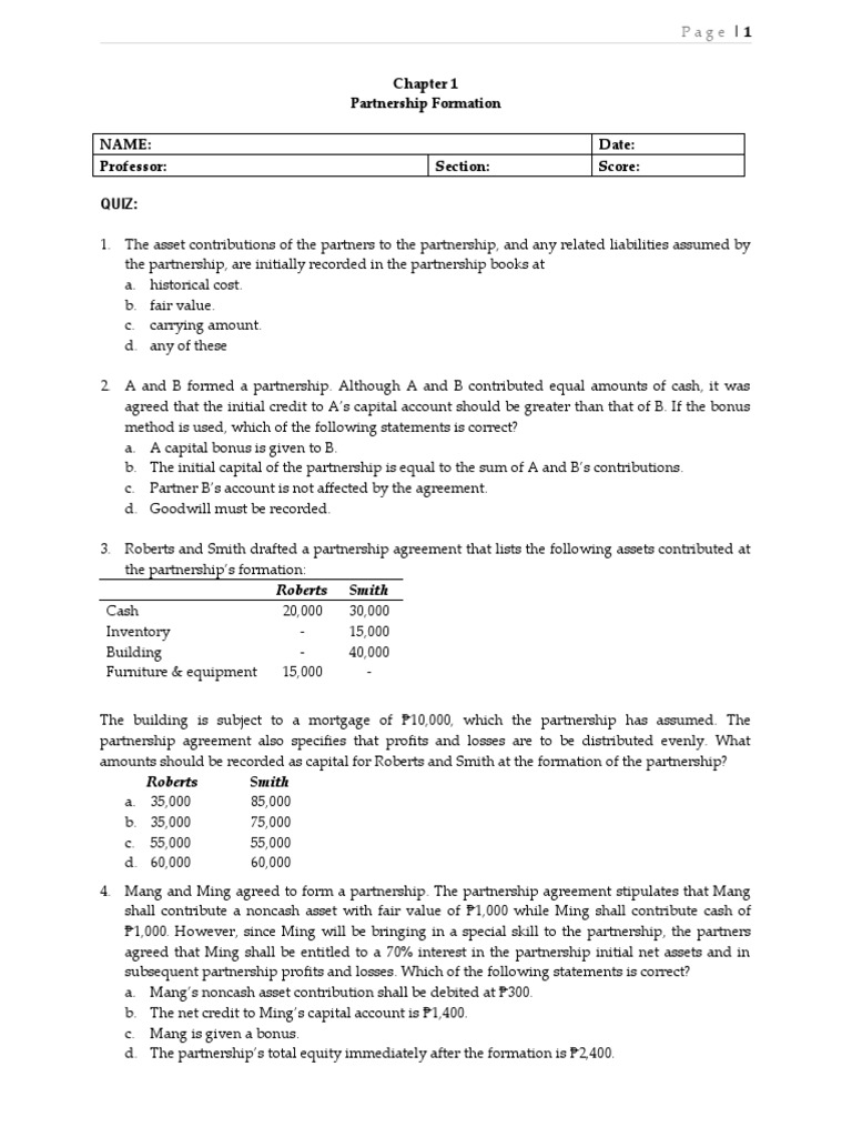 Partnership Formation Quiz and Solutions | PDF | Partnership | Debits ...
