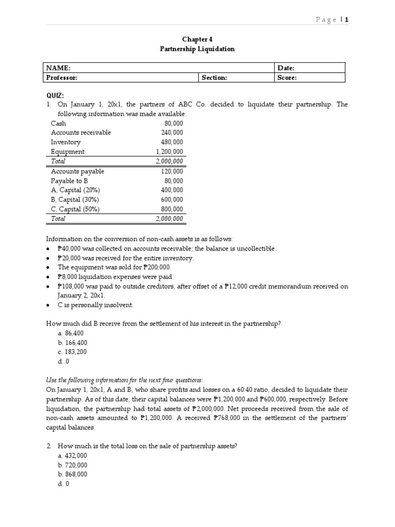 Quiz Chapter 4 Partnership Liquidation 2021 Edition Pdf