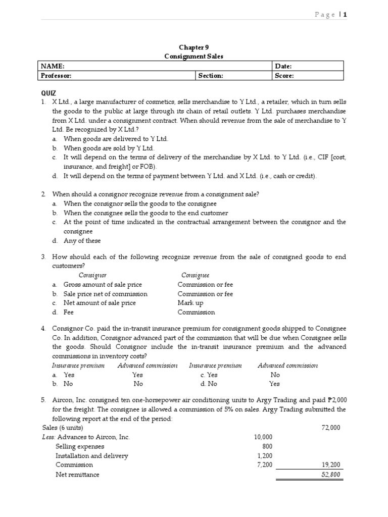 Consignment Sales Quiz and Solutions | PDF | Market (Economics ...