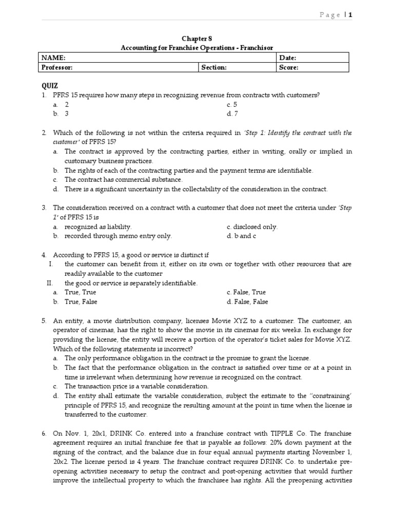 Quiz - Chapter 8 - Accounting For Franchise Operations - Franchisor - 2021 Edition | PDF ...