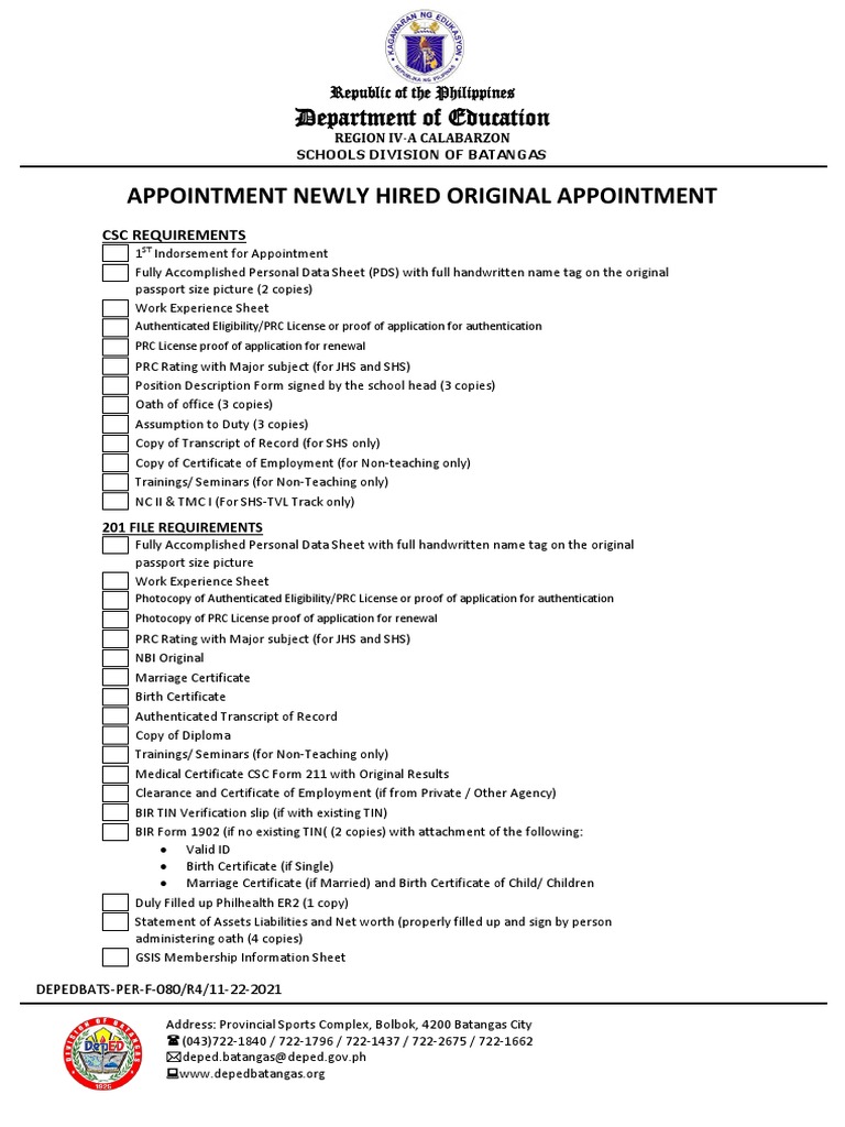 Checklist For Appointment Newly Hired Permanent | Download Free PDF ...