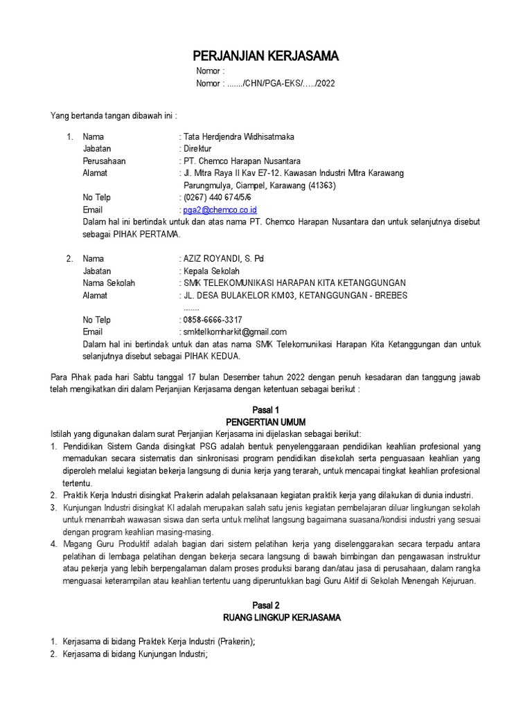 Perjanjian Kerjasama Prakerin dan Magang | PDF | Karier & Perkembangan ...