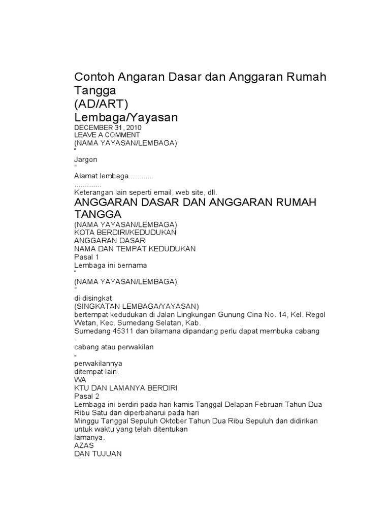 Contoh Angaran Dasar Dan Anggaran Rumah Tangga | PDF