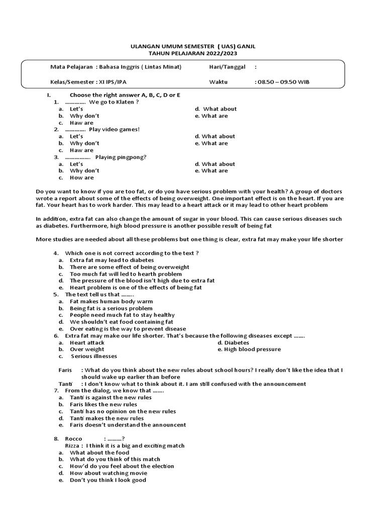 BHS Inggris Xi Lintas Minat | PDF | Obesity | Fast Food