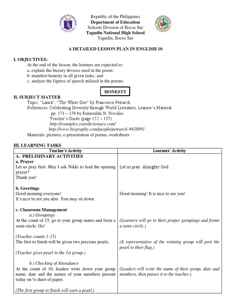 Sample Detailed Lesson Plan | PDF | Poetry | Rhyme