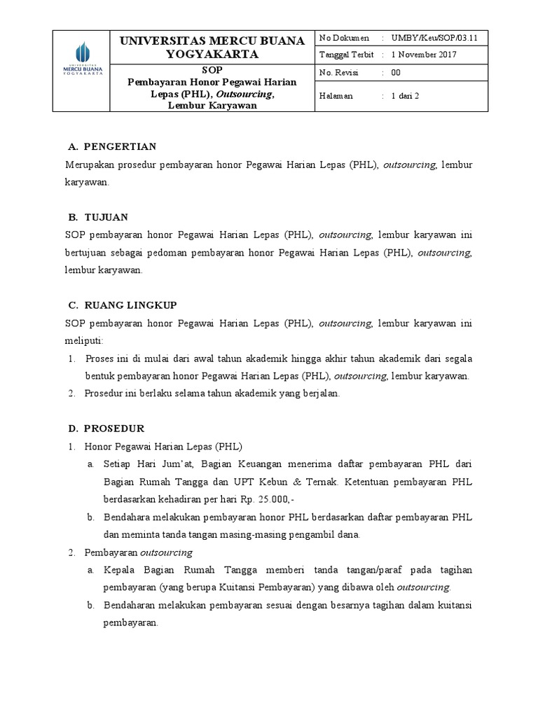 11.SOP Pembayaran Honor PHL Outsourcing Lembur Karyawan | PDF | Karier ...