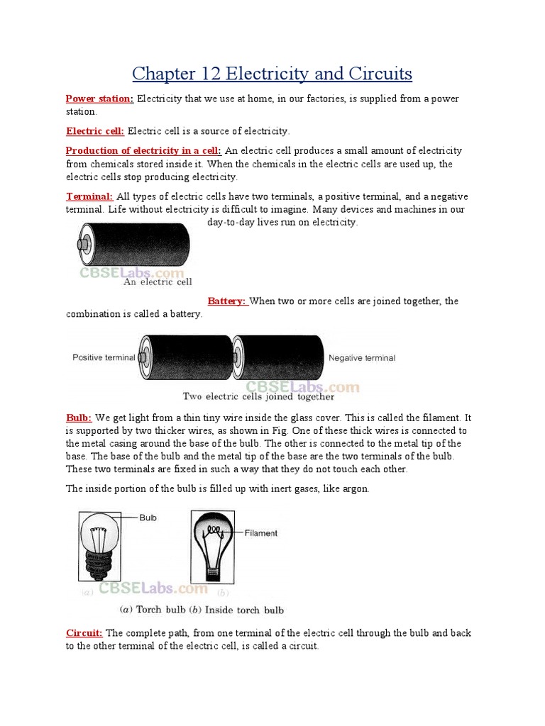 CBSE Class 6 Science Notes Chapter 12 Electricity and Circuits - For ...