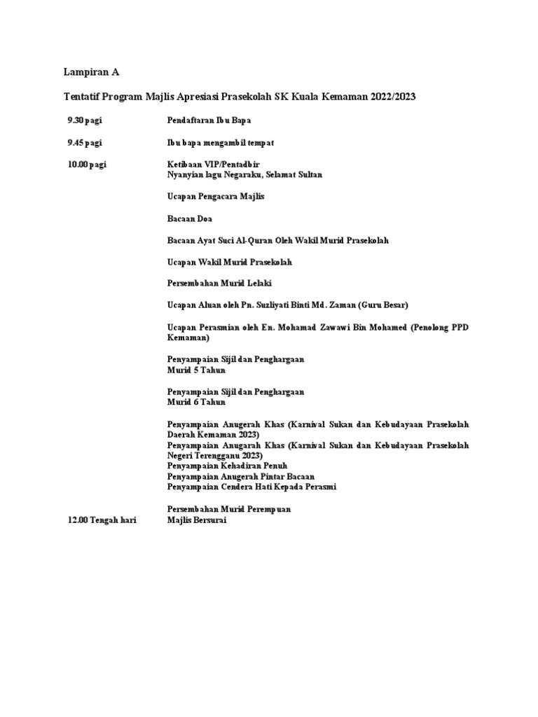 Tentatif Program Majlis Apresiasi Prasekolah SK Kuala Kemaman 20222023 | PDF