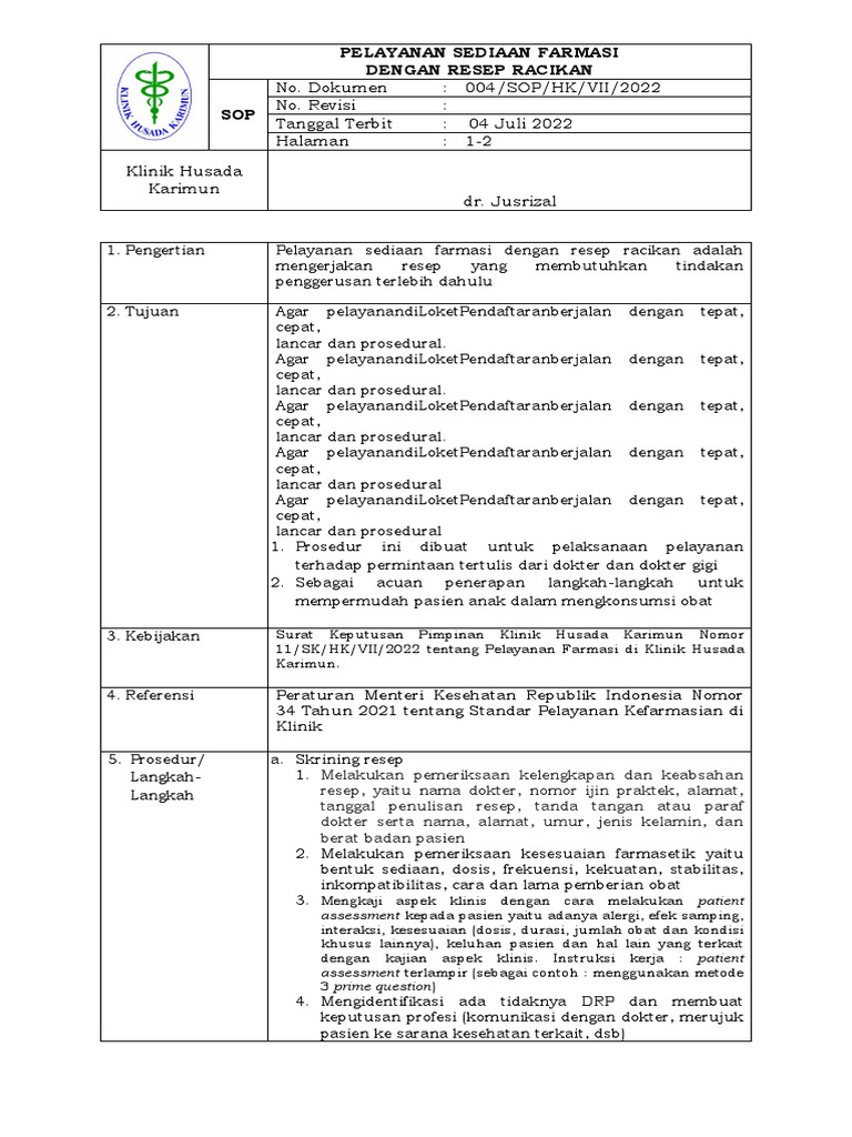 SOP Resep Racikan Klinik Husada | PDF | Pengembangan Diri