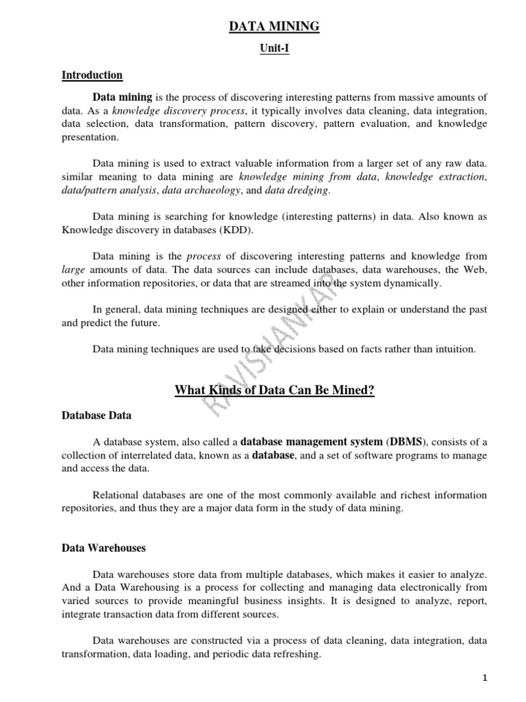 Unit I DATA MINING AAGAC | PDF | Machine Learning | Data Warehouse