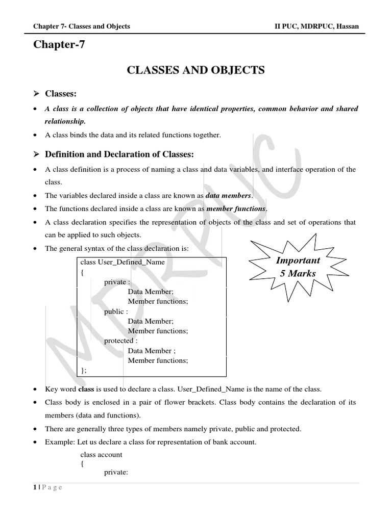 Chapter 7 Classes And Objects Pdf Class Computer Programming Method Computer Programming