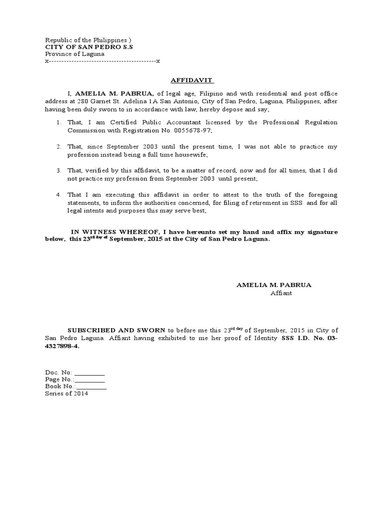 Affidavit (SSS Retirement Profession) | PDF | Law