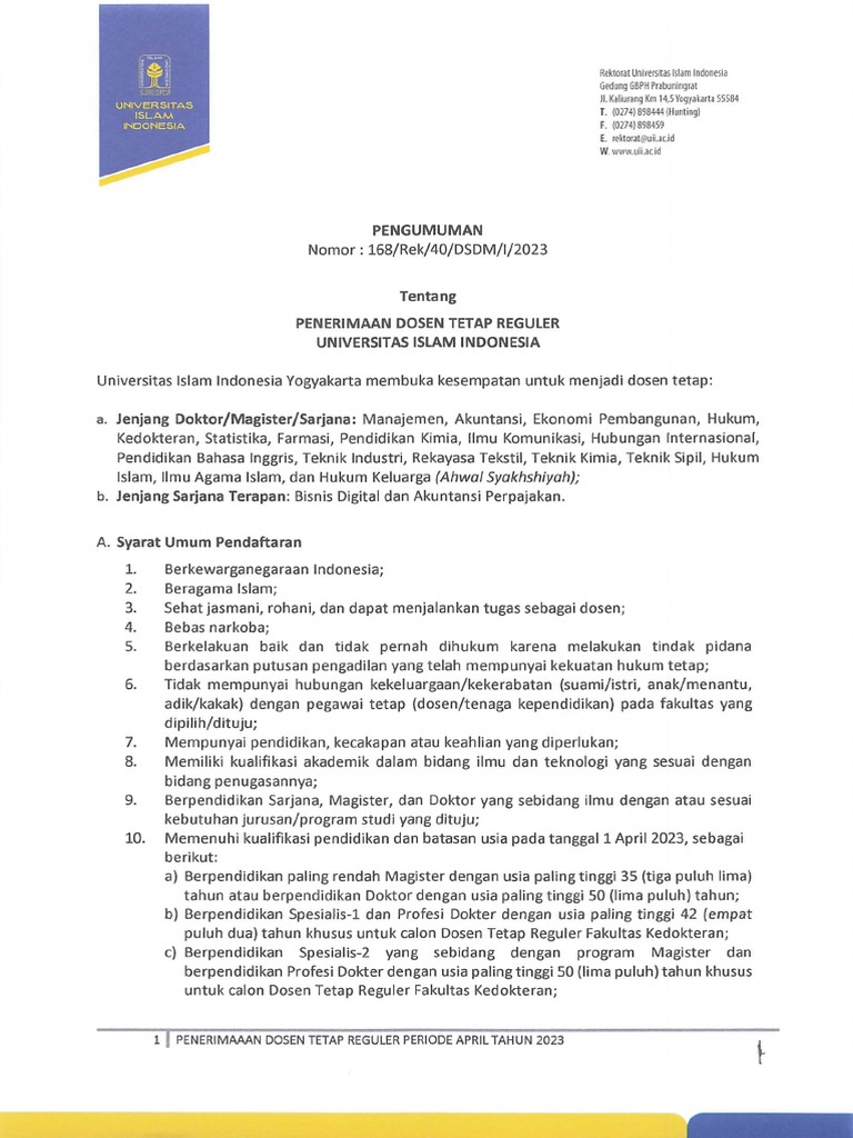 Pengumuman Rekrutmen Dosen Tetap Reguler UII Tahun 2023 | PDF