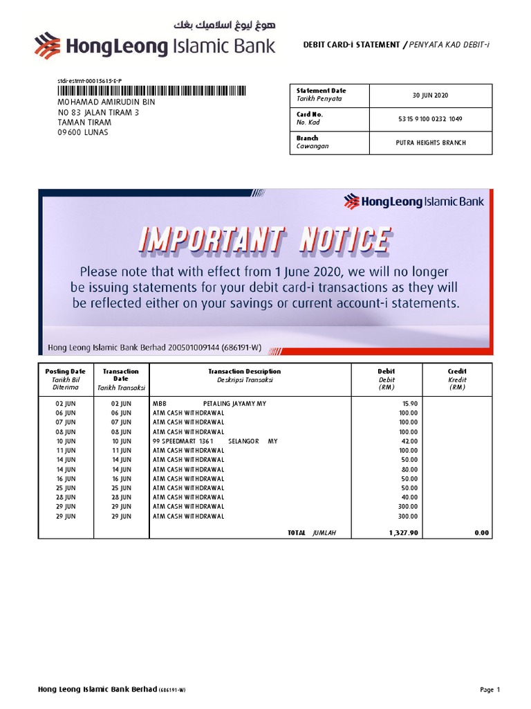 Mohamad Amirudin's Debit Statement | PDF | Debit Card | Automated ...