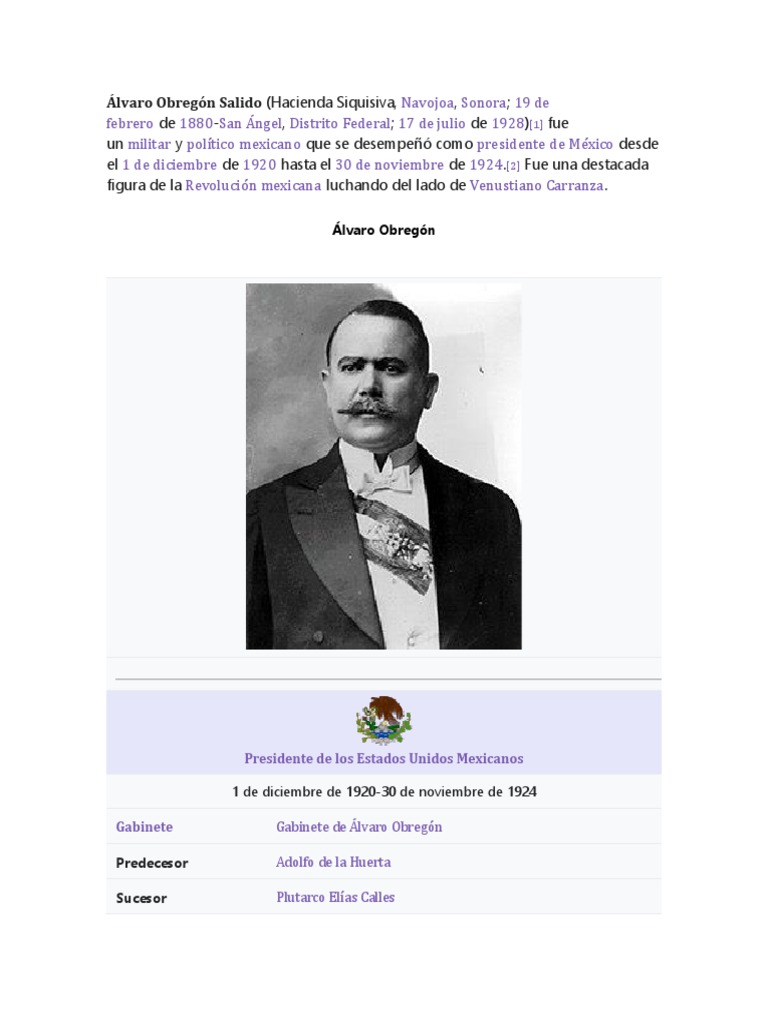 Álvaro Obregón: Presidente y Revolucionario Mexicano | PDF | México ...
