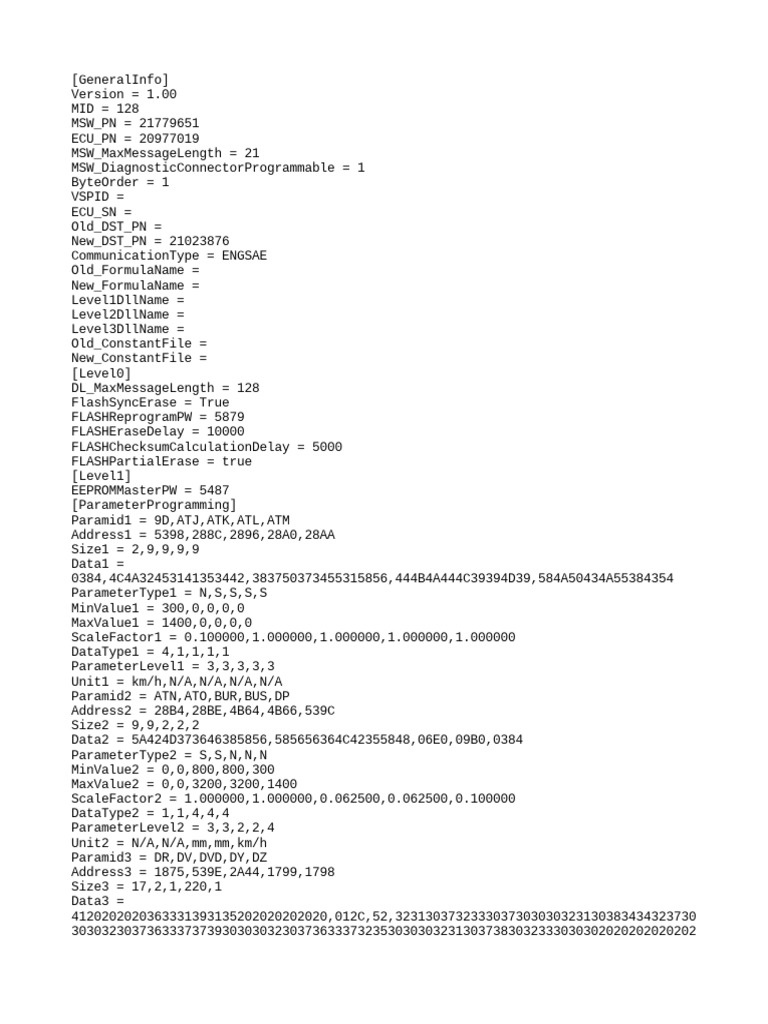 Parameter Programming Document for an Automotive ECU with Details on 4 Parameter Groups, 2 ...