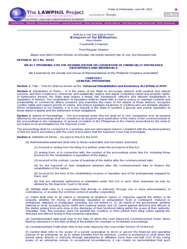 10 Insolvency Law (R.A. No. 10142) | PDF | Bankruptcy | Insolvency