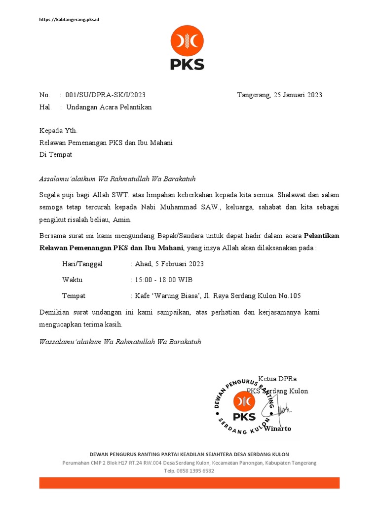 Undangan Pelantikan Relawan PKS | PDF | Memasak, Makanan, & Anggur