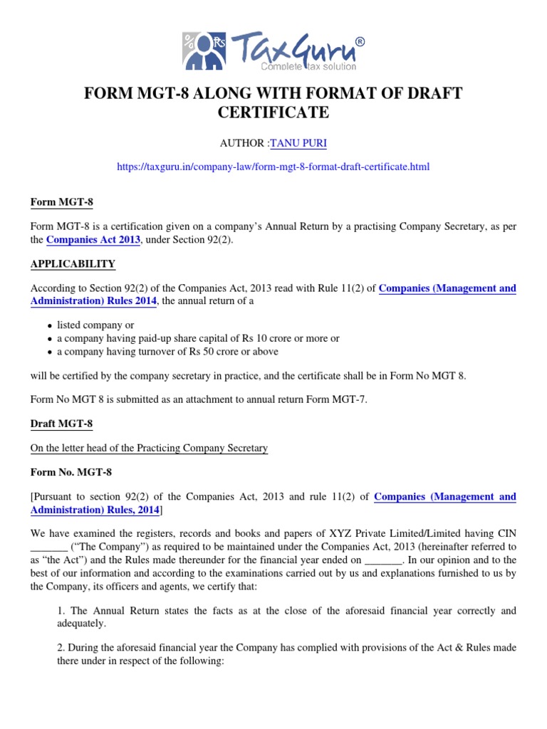 Form MGT-8 Along With Format of Draft Certificate - Taxguru - in | PDF ...