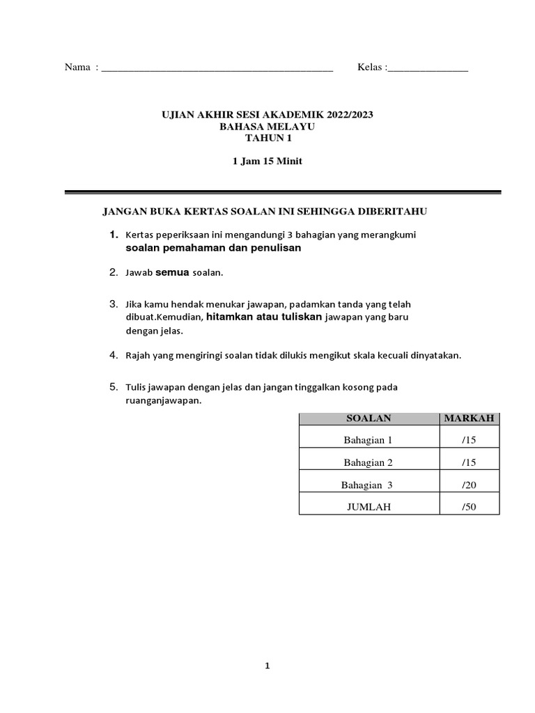 Soalan Uasa BM Tahun 1 | PDF