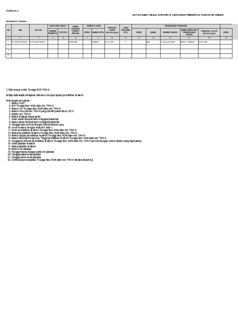 Contoh Pengisian Formulir 1 Pendataan Tenaga Honorer | PDF