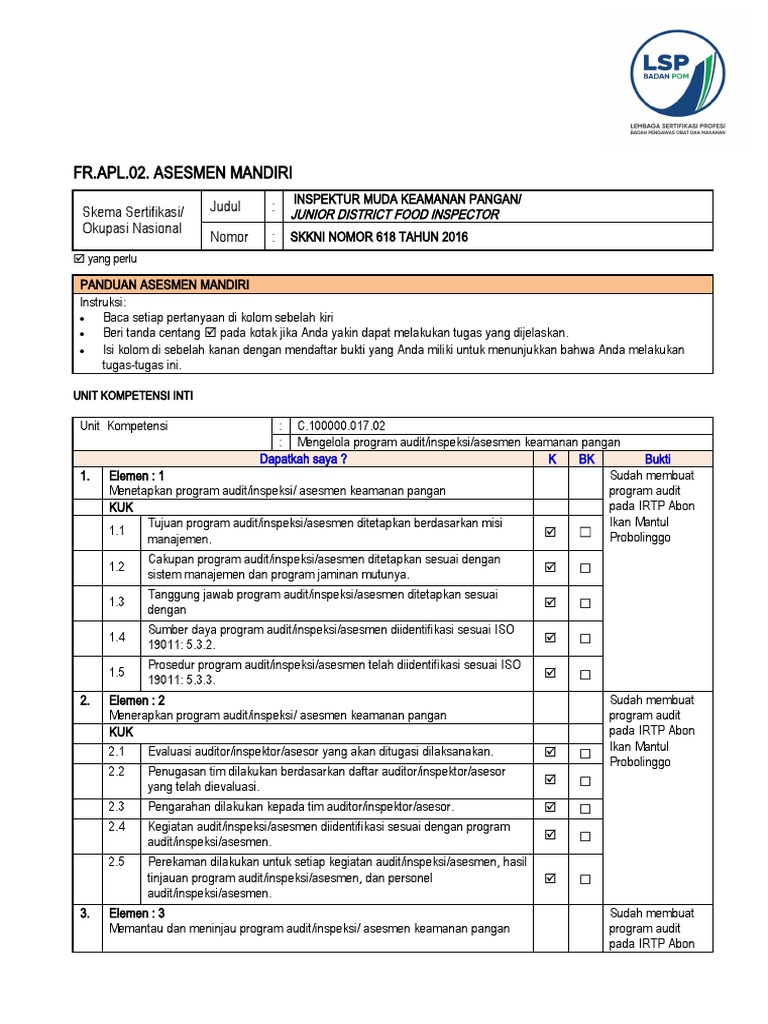 15 - FR - Apl.02 Asesmen Mandiri (Dfi) Form Kosong | PDF