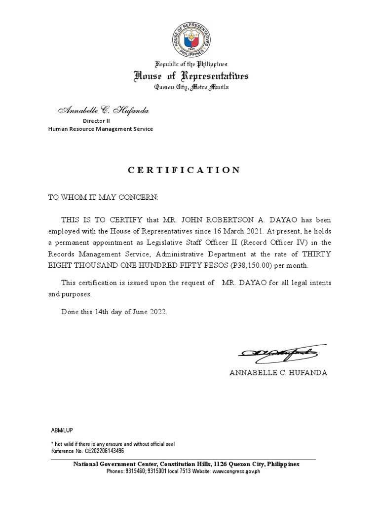 Certificate Of Employment Dayao Pdf