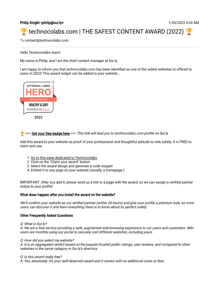 Professional Email ? Technocolabs - Com - THE SAFEST CONTENT AWARD (2022) ? Printout | PDF