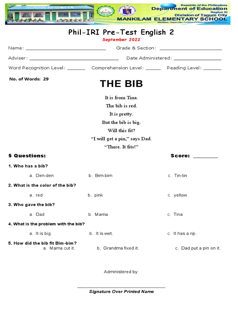 Grade 2 Phil IRI PreTest 2022 | PDF