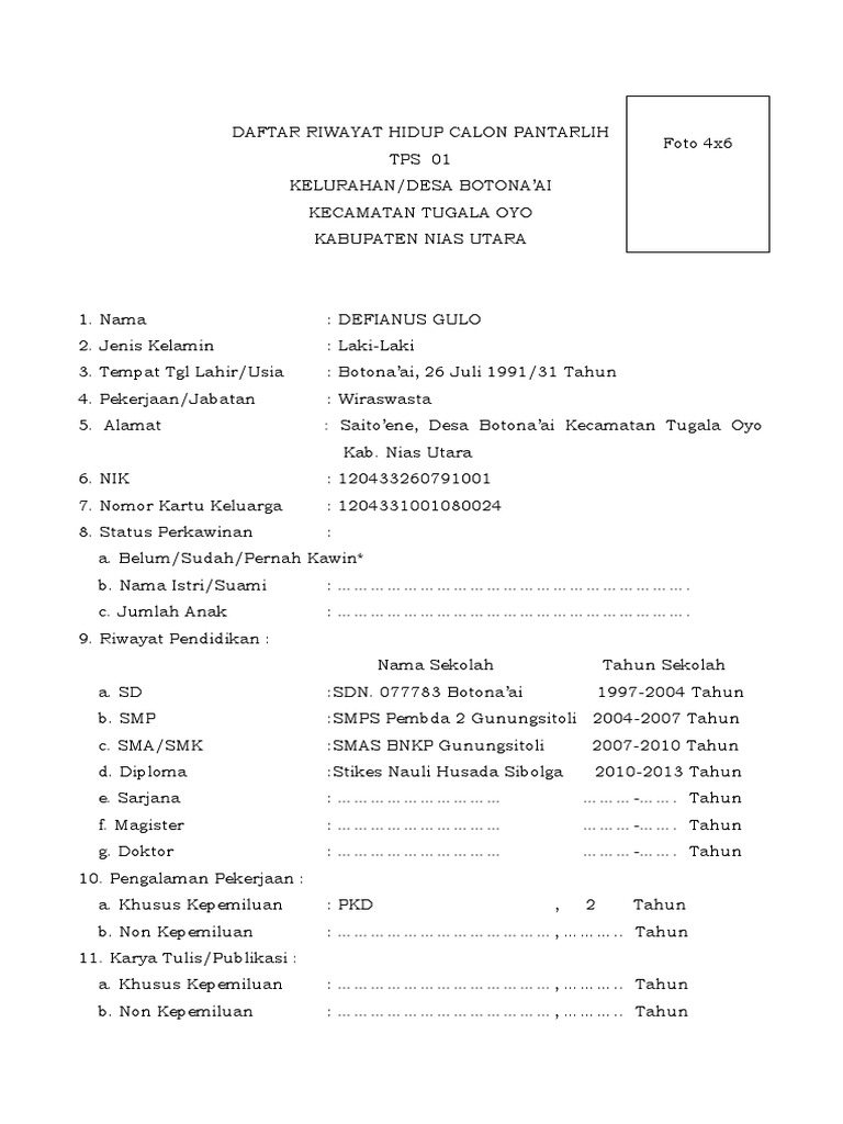 Daftar Riwayat Hidup Defianus Gulo | PDF