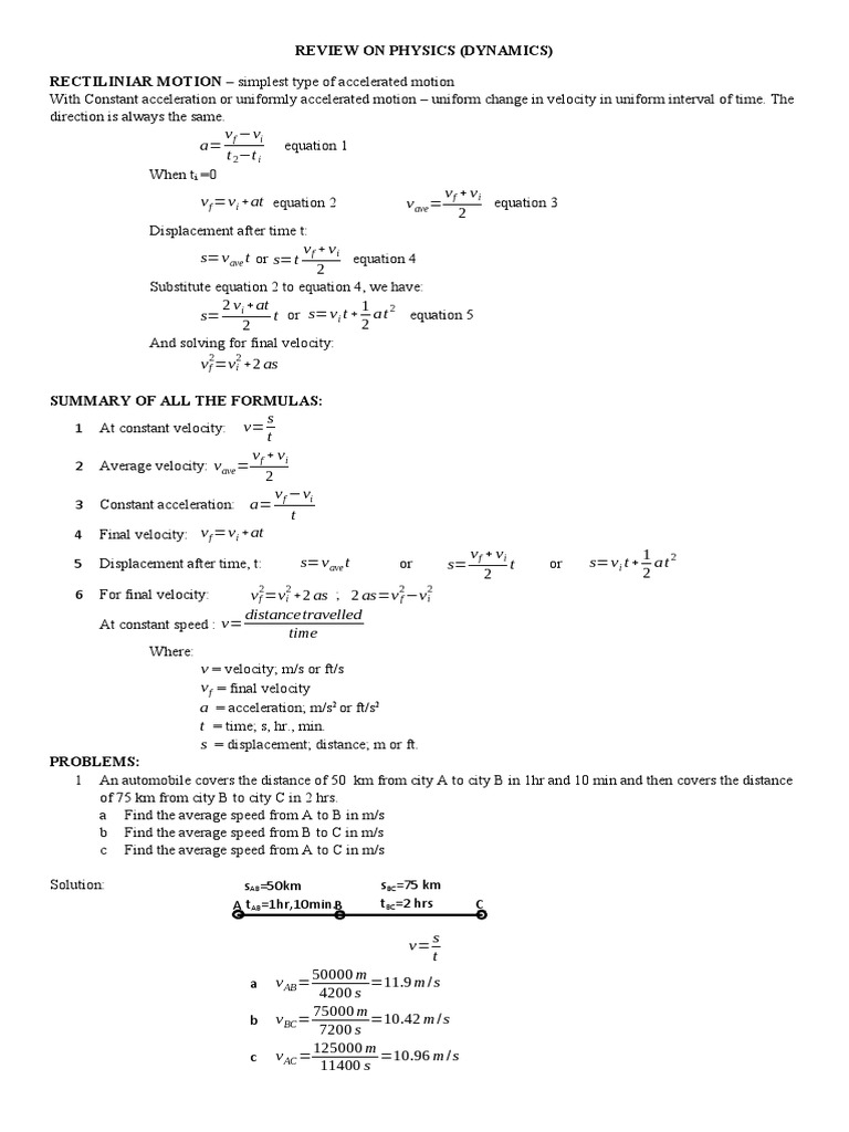 Review Of Physics Formulas And Concepts Related To Rectilinear Motion And Freely Falling Bodies