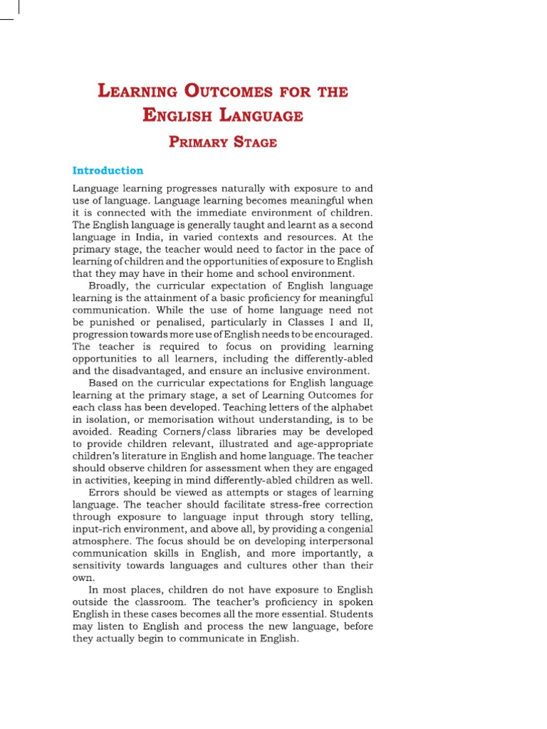 Learning Outcomes For English-Elementary - NCERT - Latest | PDF